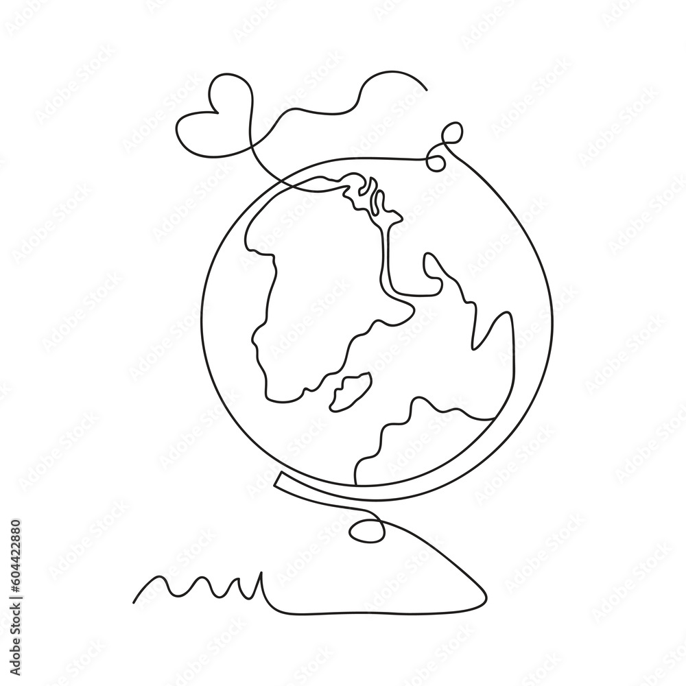 Earth globe line art. World map continuous line art with love heart ...
