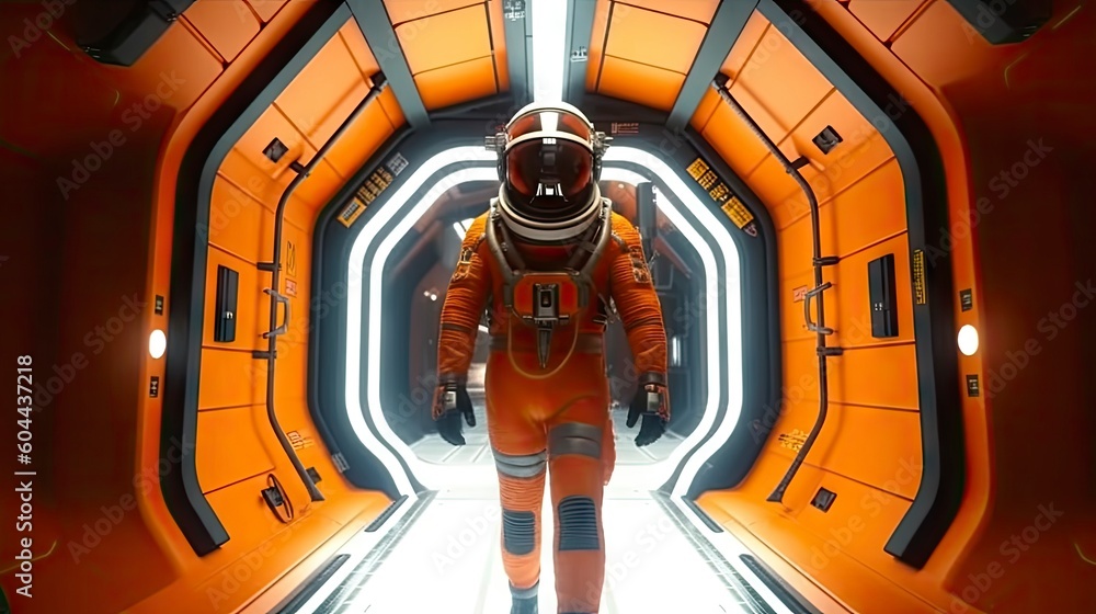 Astronaut has fun and jumps out of the spaceship's airlock. An ...