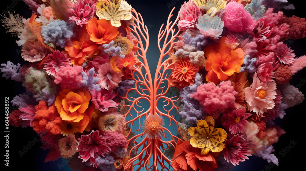 Maqueta de dos pulmones humanos pero con flores en sus alveolos y ...