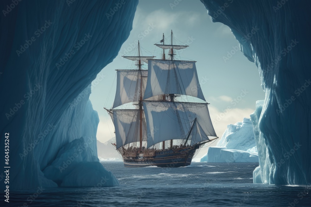 Old style sailing ship in front of this massive arch blue iceberg ...