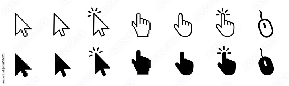 Set of flat cursor icons in hand, arrow and mouse forms. Mouse click cursor set. Arrow and hand ...