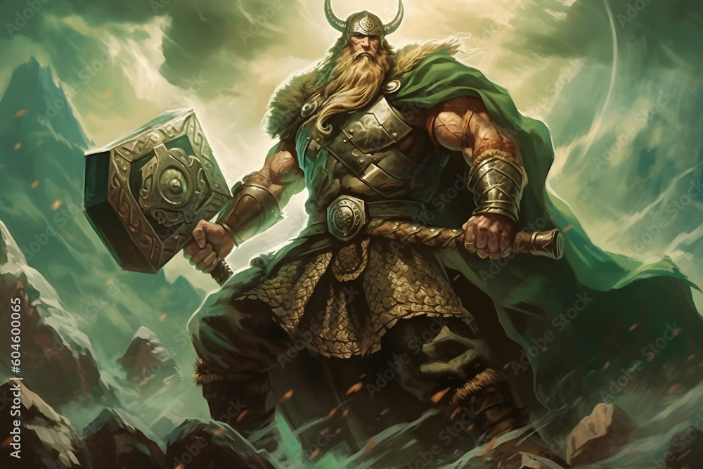 Ilustración de Stock God Thor holds the hammer Mjelnir, a warrior with ...