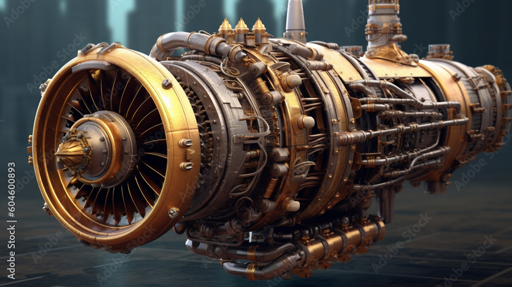 Aeroplane engine on wing, steampunk engine style, exploded view, highly ...