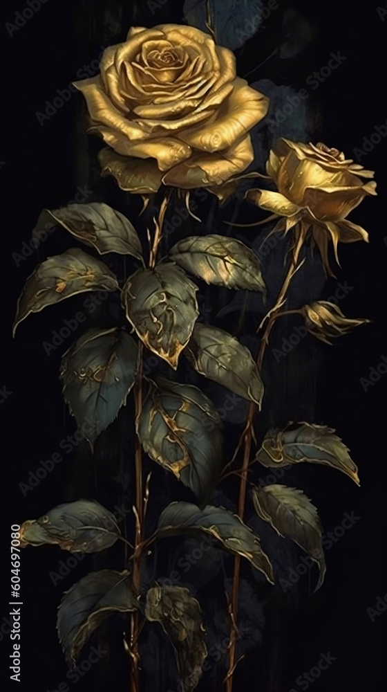 Gold printed roses; gilded roses; black removable background; png type ...