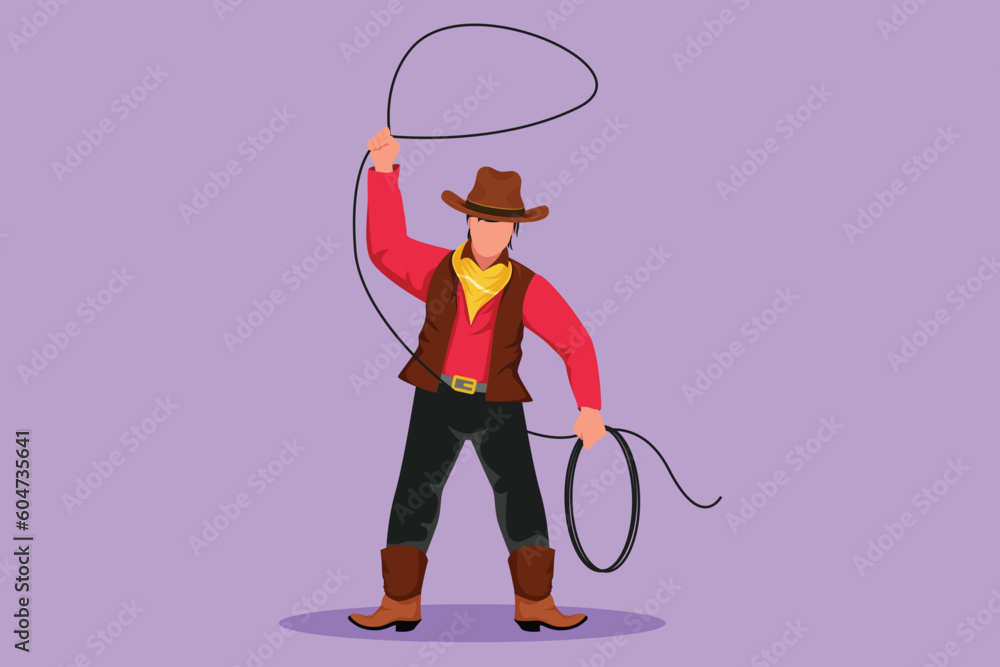 Character flat drawing of western cowboy standing and throwing lasso ...