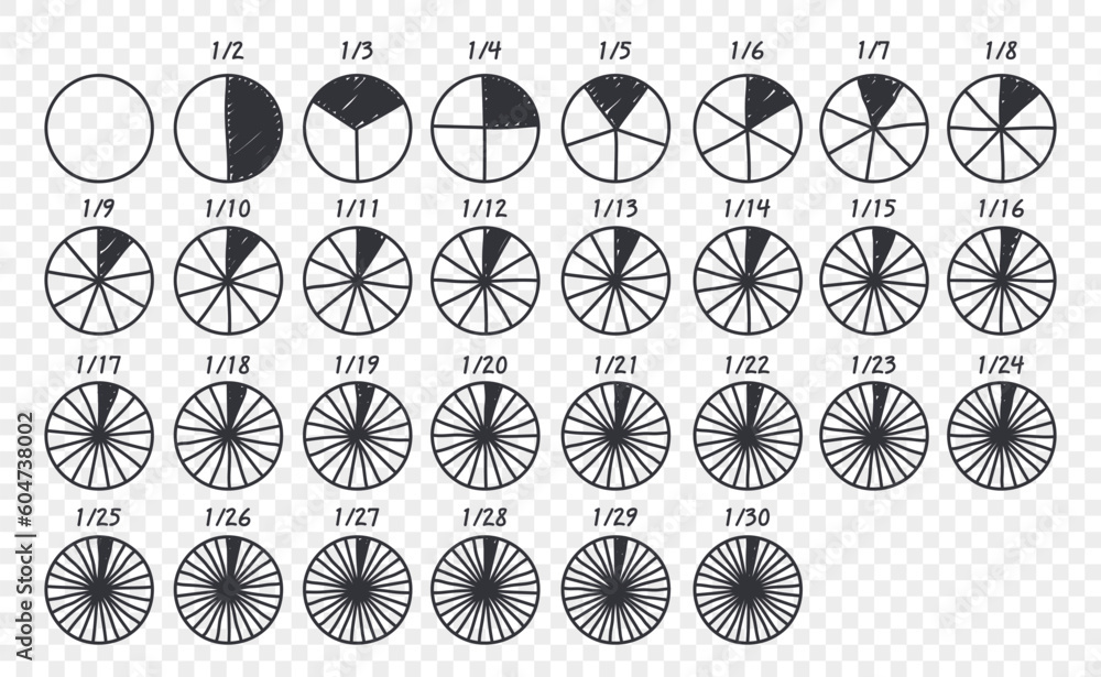 Hand drawn circles divided into parts from 1 to 30. Doodle outline ...