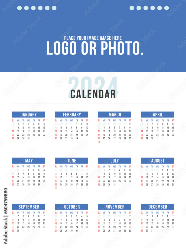 Yearly One Page Calendar Template for 2024 Year. Wall Calendar in a ...