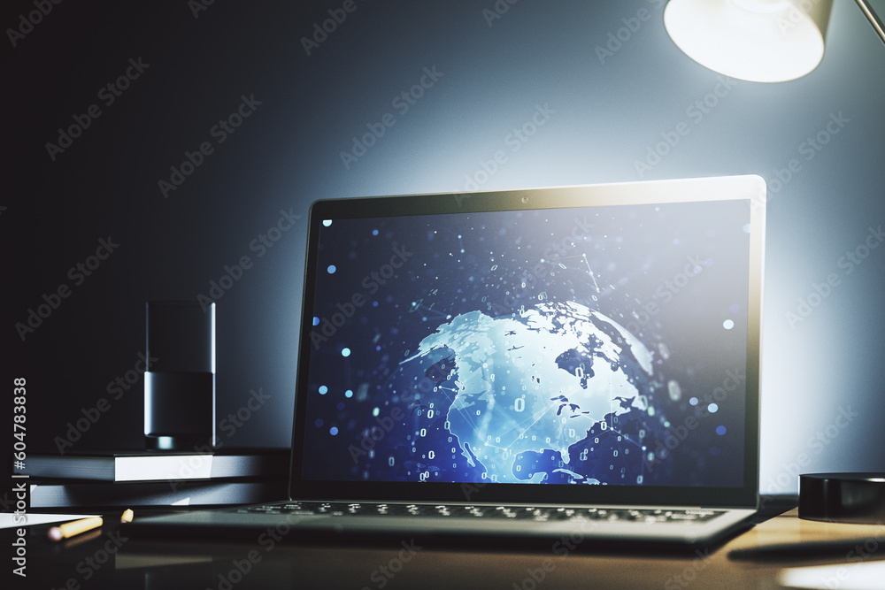 Modern computer display with abstract programming language hologram and world map, artificial ...
