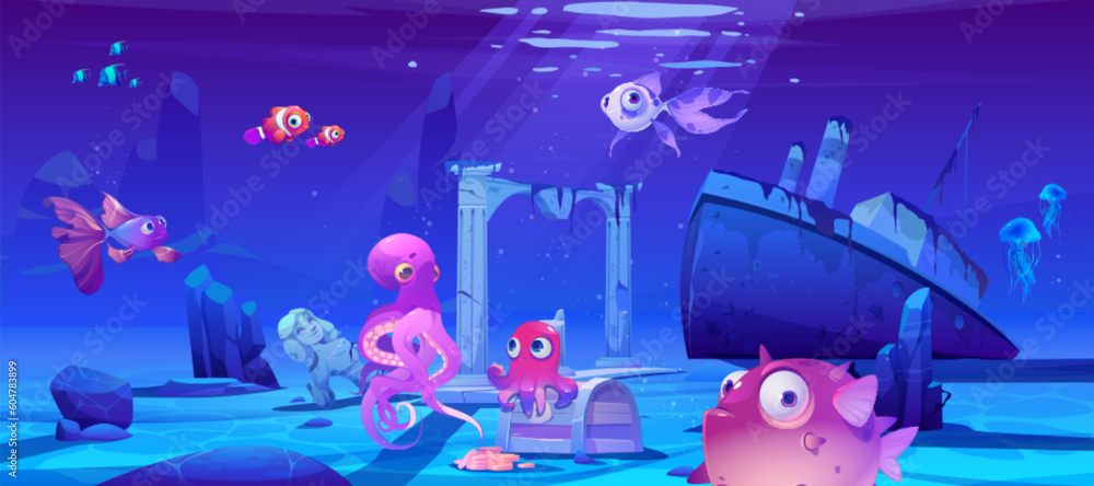 Cartoon underwater background with sea fish, sunken ship, ancient ruins ...