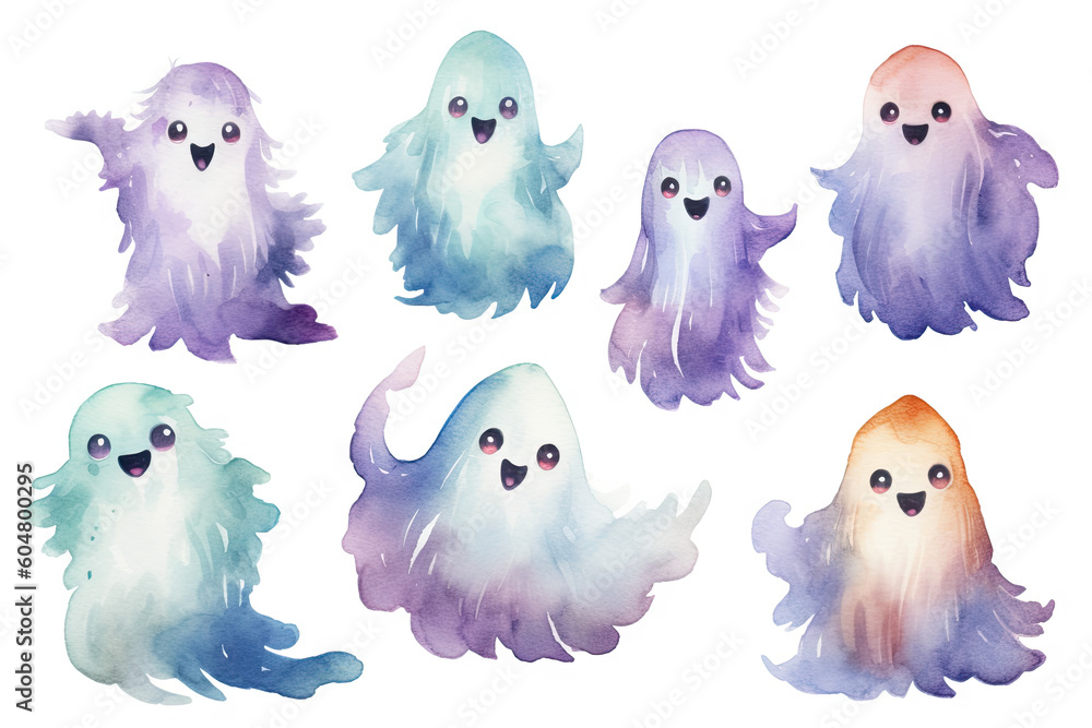 Halloween watercolor ghosts art created with Generative AI technology ...