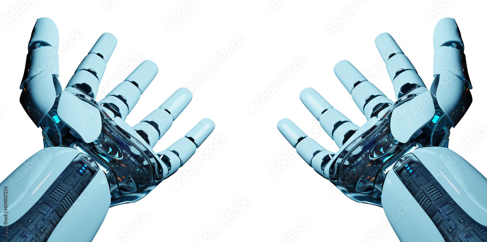 Isolated robot hand. 3D rendering white and blue cyborg arm in dark ...