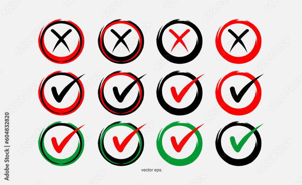 Стоковий вектор Check mark and cross symbols in flat styles, Check mark icon symbols vector ...