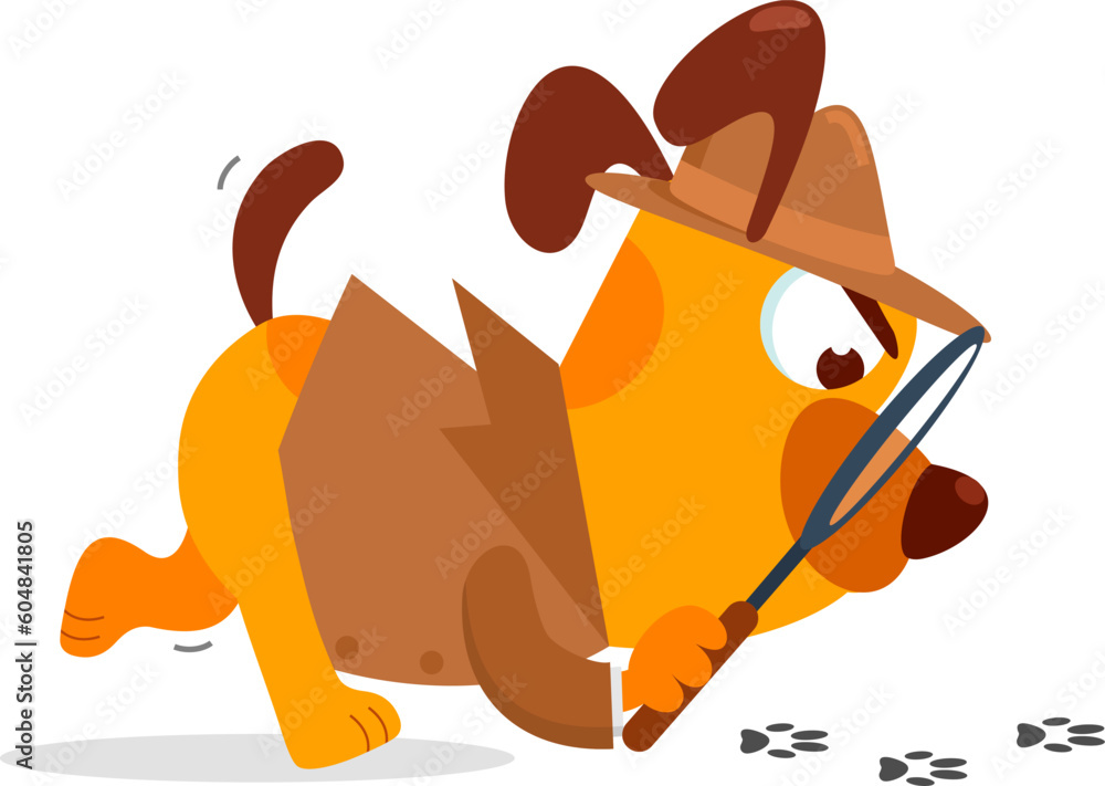 Detective Dog Cartoon Character With Magnifying Glass Following A Clues ...