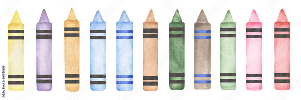 watercolor school crayons set, pencil illustration. School supplies ...