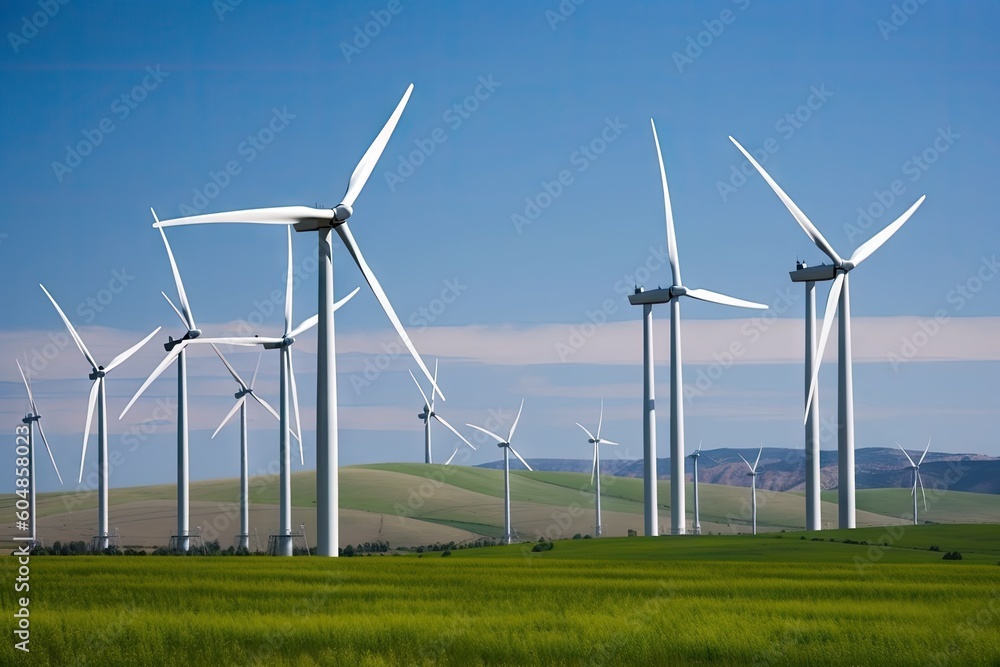 wind turbine farm with rows of spinning blades in the background ...