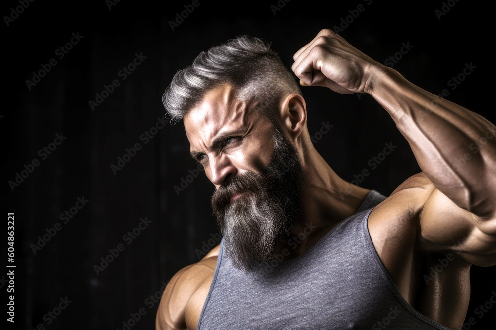 In a studio, a brutal muscular bearded man stands tall. His imposing ...