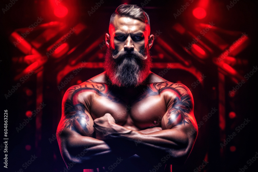 In a studio, a brutal muscular bearded man stands tall. His imposing ...