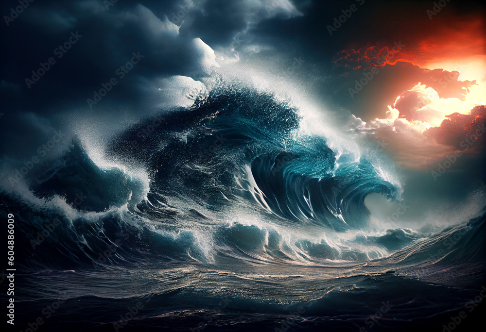Apocalyptic dramatic background, giant tsunami waves, dark stormy sky ...