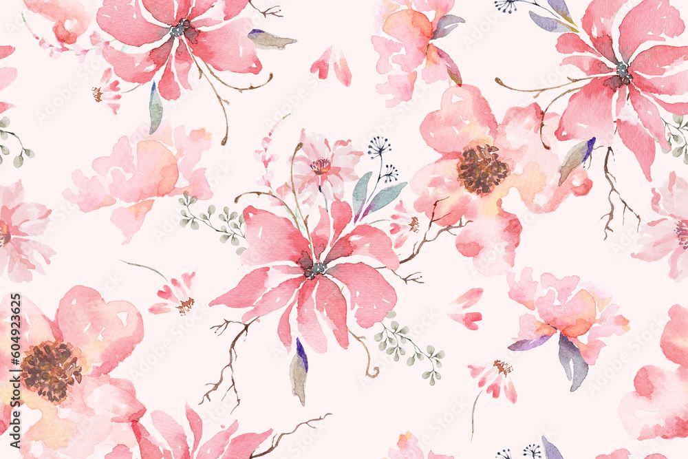 Flower seamless pattern with watercolor.Designed for fabric and wallpaper, vintage style.Hand ...