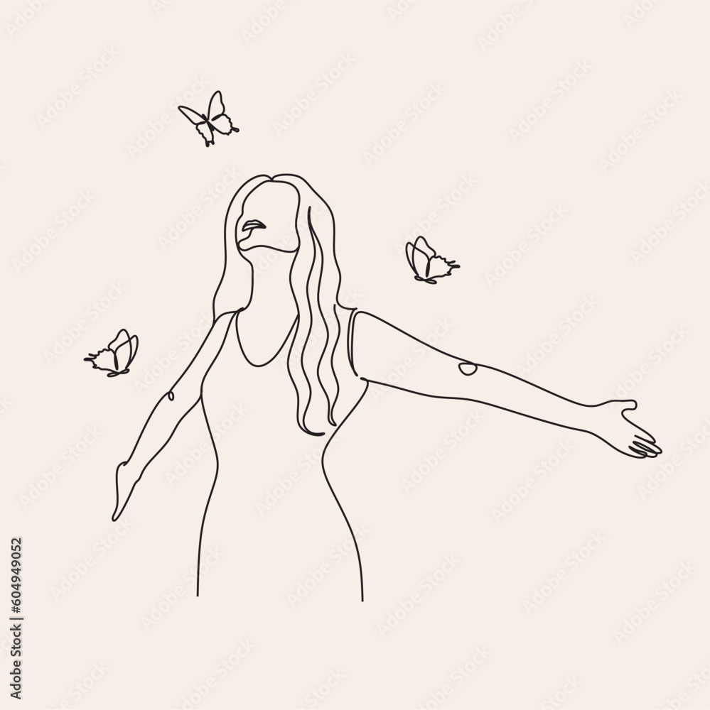 Freedom woman line art. Woman with butterfly. Abstract girl with ...