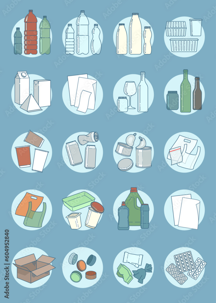 Recycling materials icons. Waste segregation, trash sorting. Vector ...