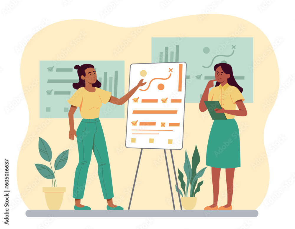 Vetor Action plan concept. Women stand near whiteboard and write goals ...