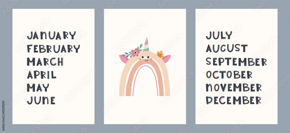 Cute hand drawn posters with rainbow, weather, education elements in ...