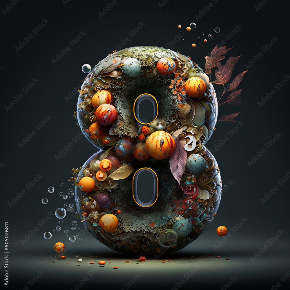 Ilustração Ai generated number eight made of fruits and vegetables. 3D ...