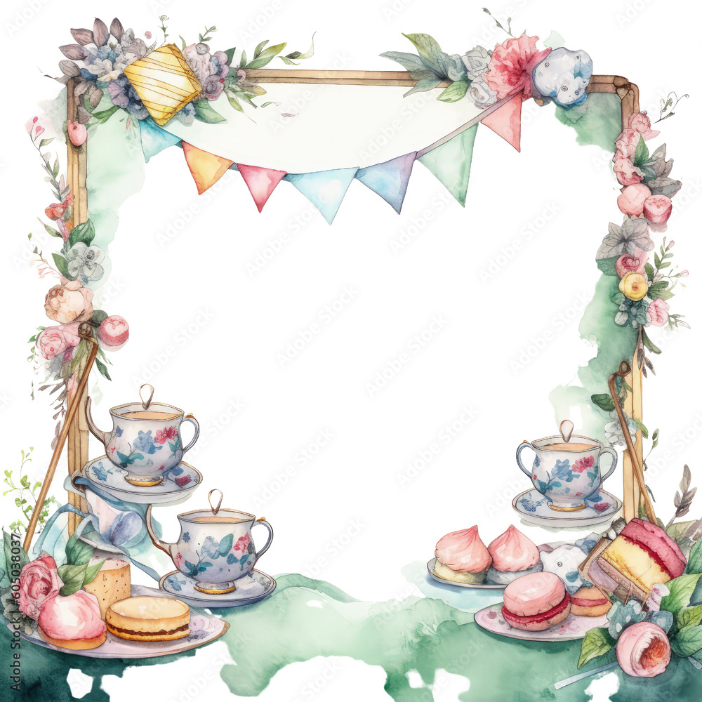 a whimsical tea party setup forming a frame border, copyspace ...
