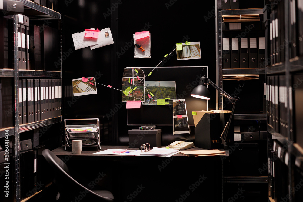 Empty detective space full with federal confidential files, desk table ...