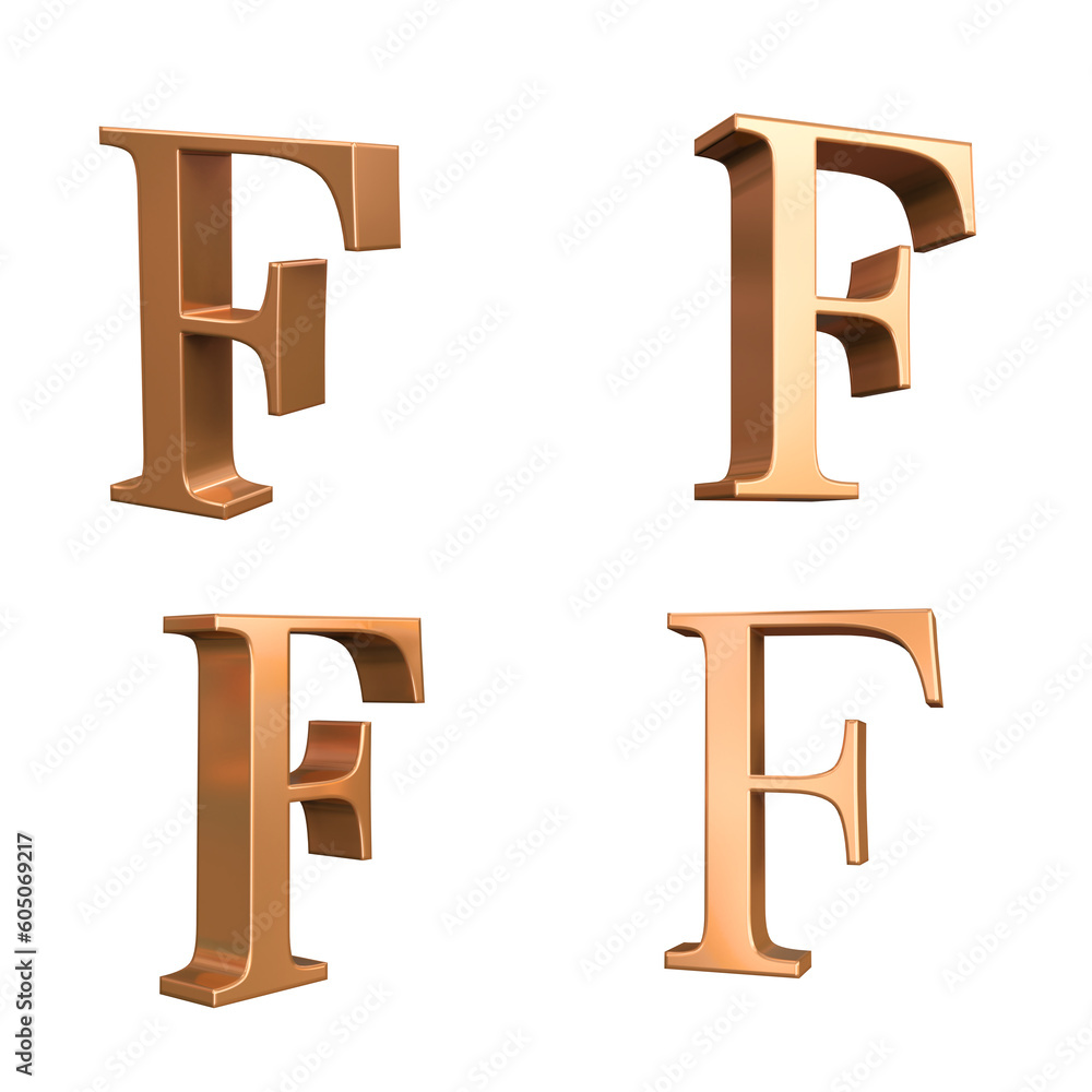Golden alphabet capital letters F, 3d font render with 4 different ...