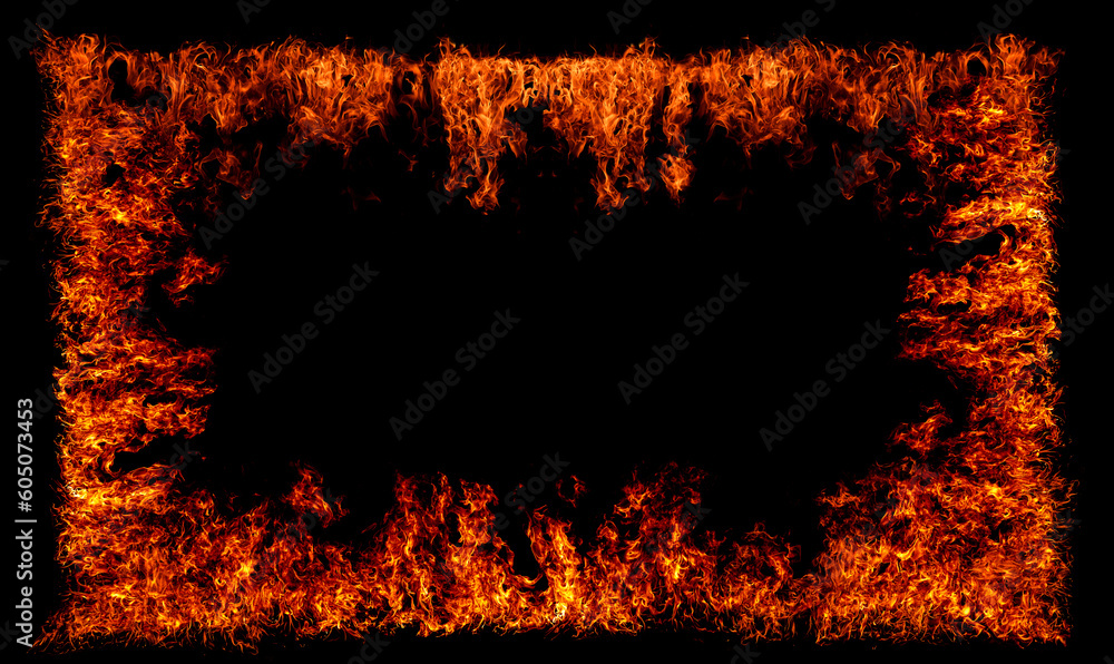 Fire flame frame. Burn lights on a black background. Borders and frames ...