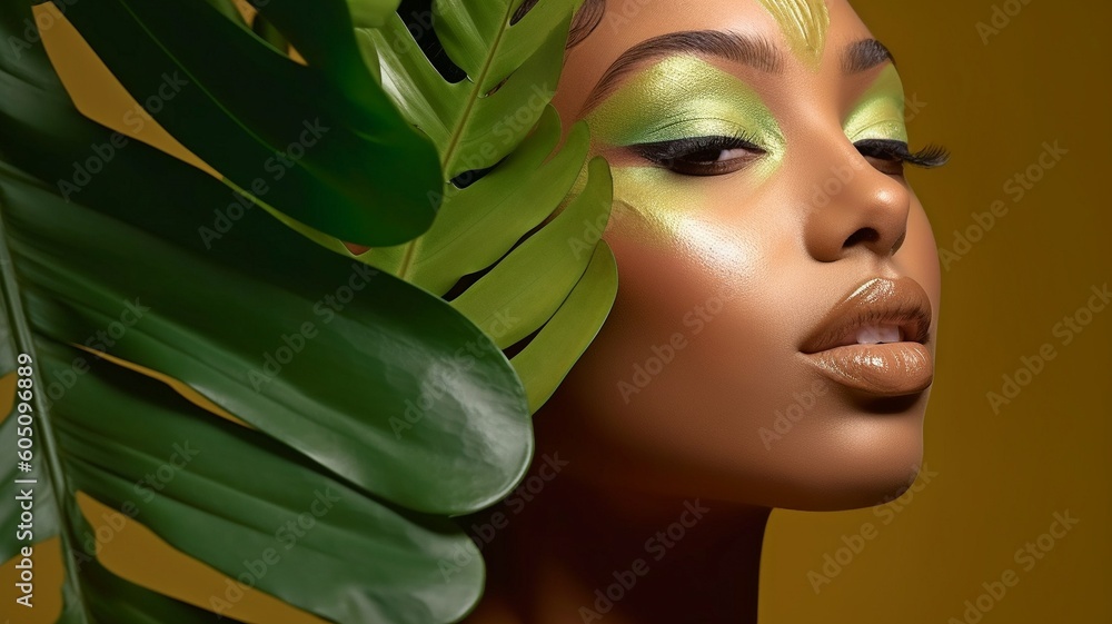 Gorgeous woman with greenery on her body and face. girl's face in ...