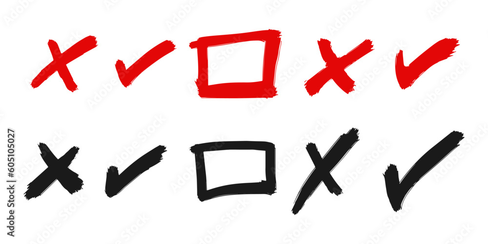 Doodle check mark and cross mark icon set. Tick symbol. checklist signs ...