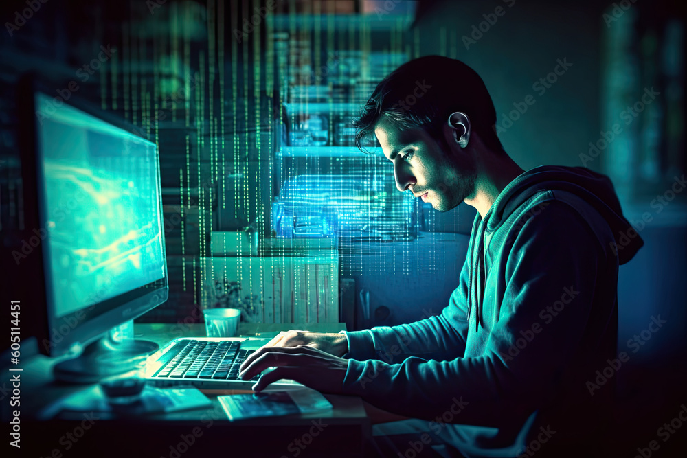 Web developer writing code, using AI technology, late night coding ...