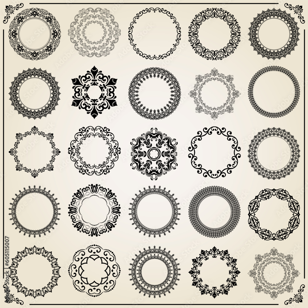 Vintage set of vector round elements. Black elements for design frames ...