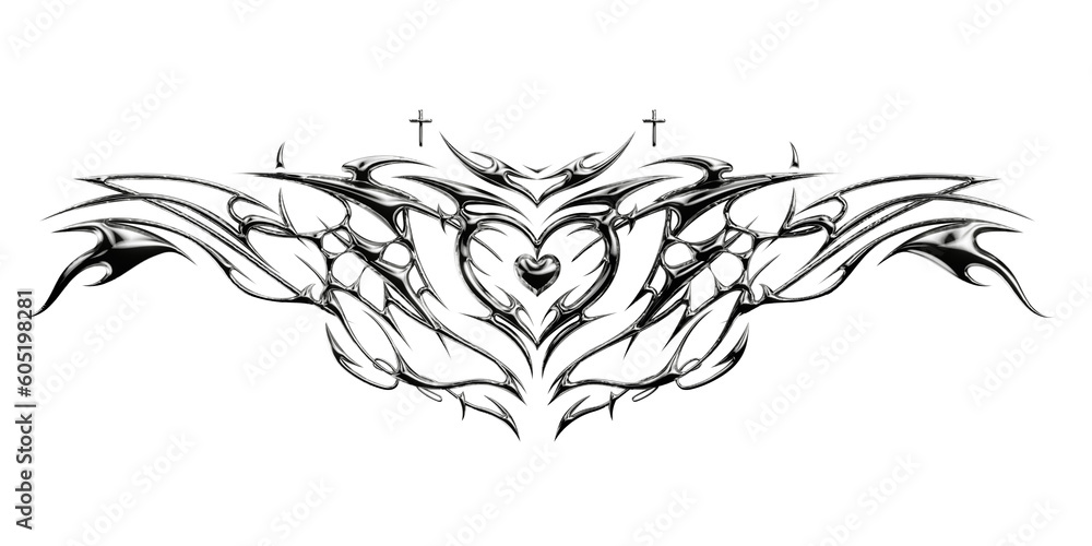 Succubus womb tattoo. Demon heart sigil, 3D chrome metal in triball ...