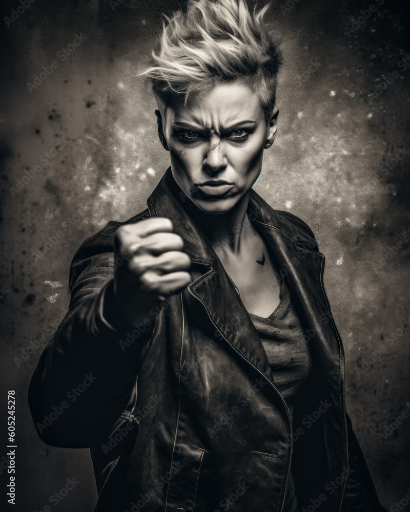 Ilustração Short Hair Blonde Punk Rocker Girl Black and White Portrait ...