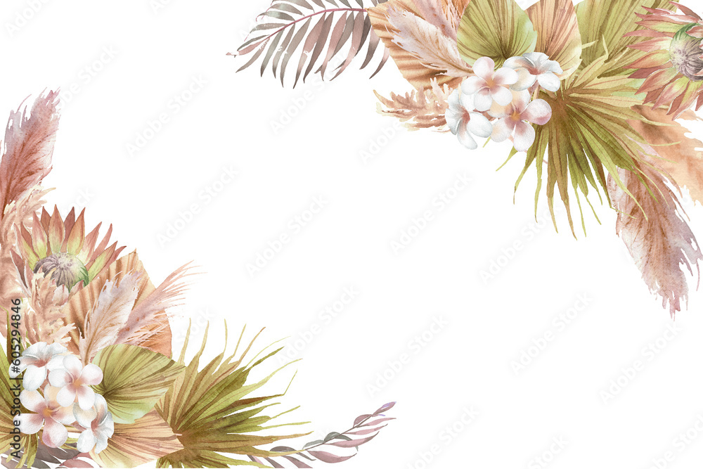Watercolor boho floral border. Pampas grass corner frame. Palm leaves ...