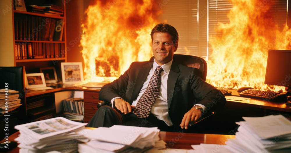 A CEO or businessman smiles while a fire burns in the background ...