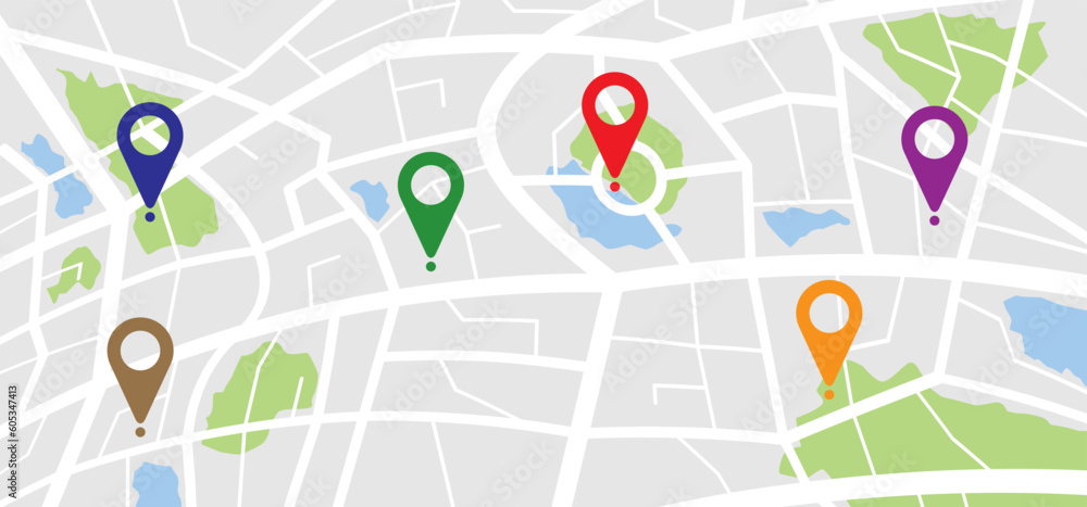 Cartoon map with pin pointers icon. Navigation or navigator, maps, road, direction arrow. Pins ...
