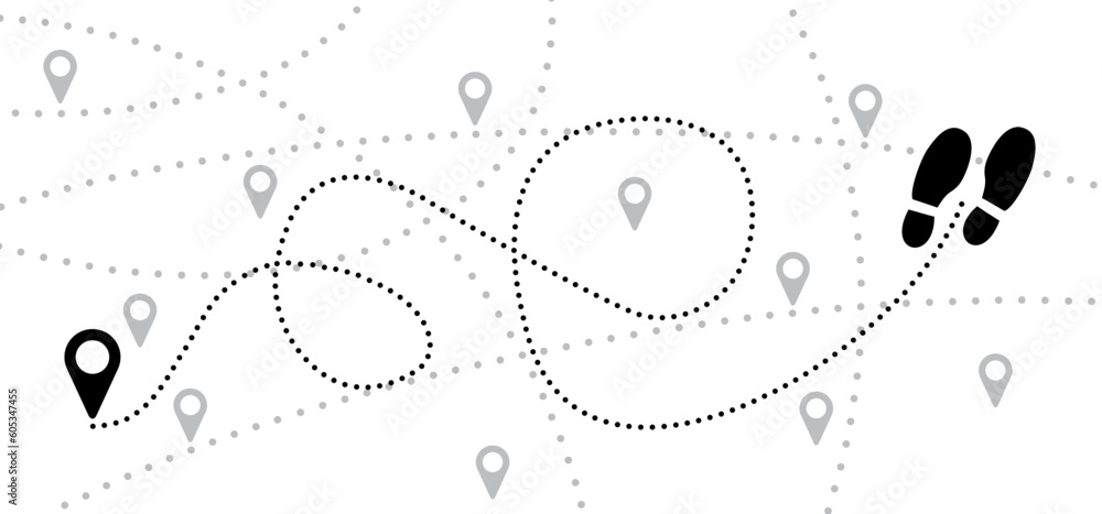 Pointer or point walk trekking route. Footprint, footstep icon. pin between multiple points. Gps ...
