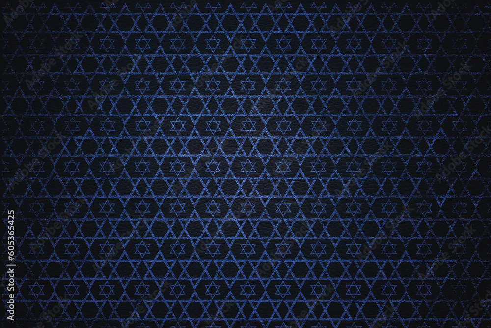 Jewish pattern composed of blue stars of david on a deep blue eco ...