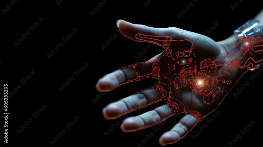 Concept of biohacking, showcasing hand half-human and half-cyborg. The ...