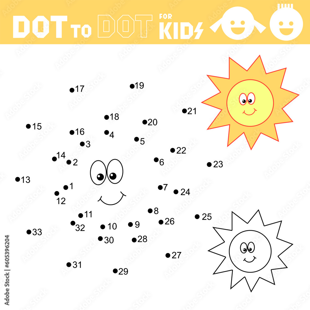 Dot to dot games for kids. Sun. Connect the numbers and drawing sun ...