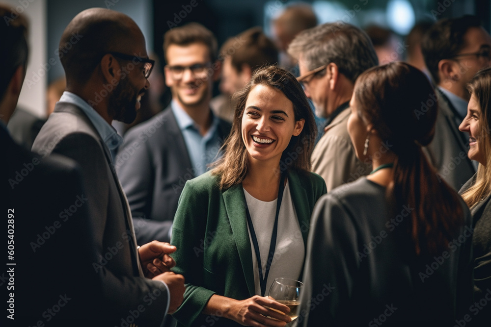 happy people talking to different people at an event in bright colors ...