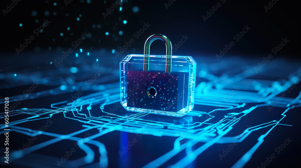 Network security concept data security lock with blue neon effect ...