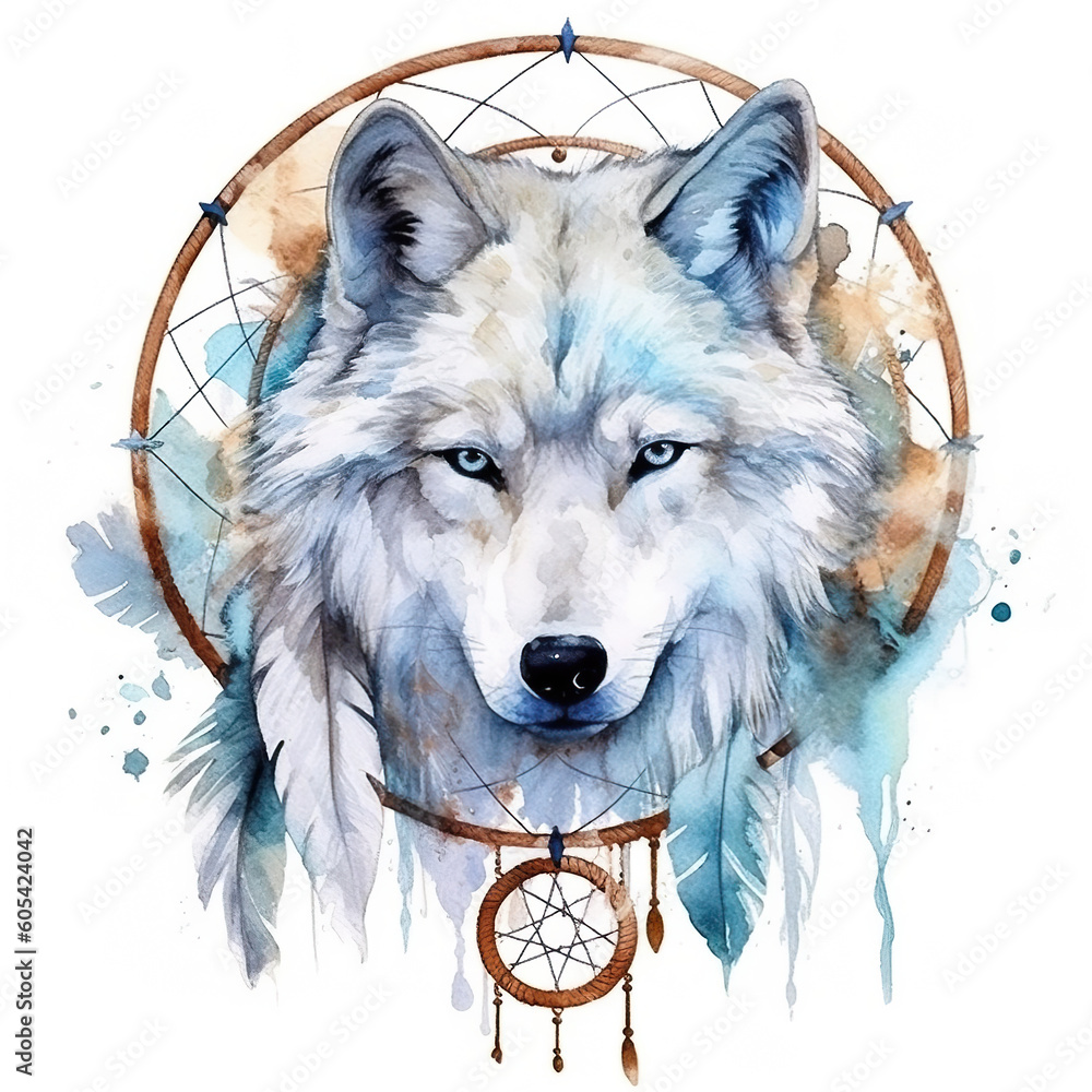 A watercolor painting of a wolf with a dream catcher. Generative AI ...