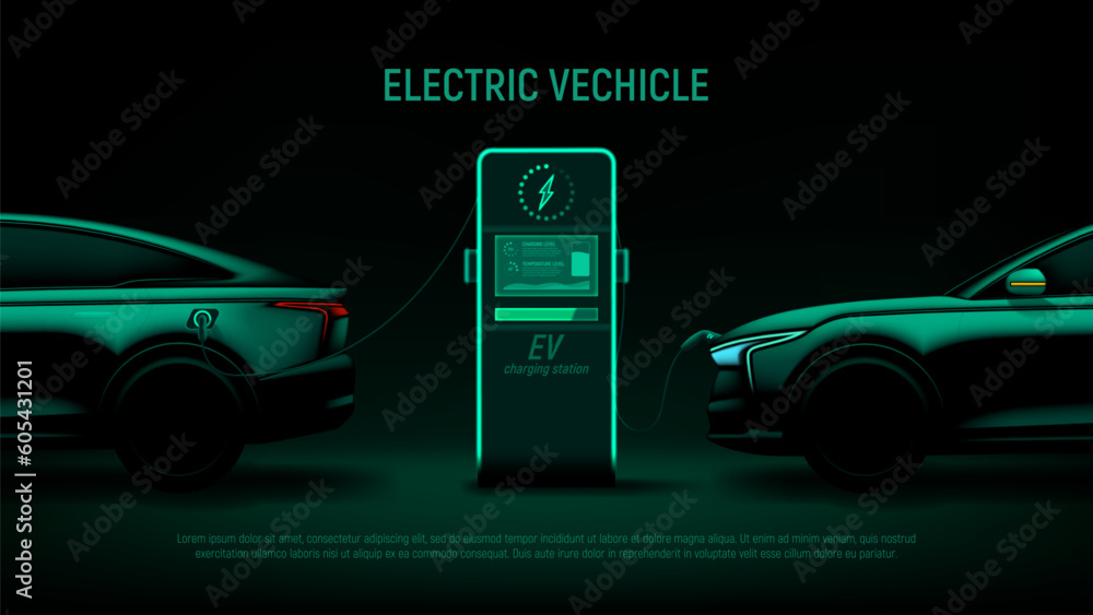 EV cars at charging station. Vector illustration with green silhouette ...