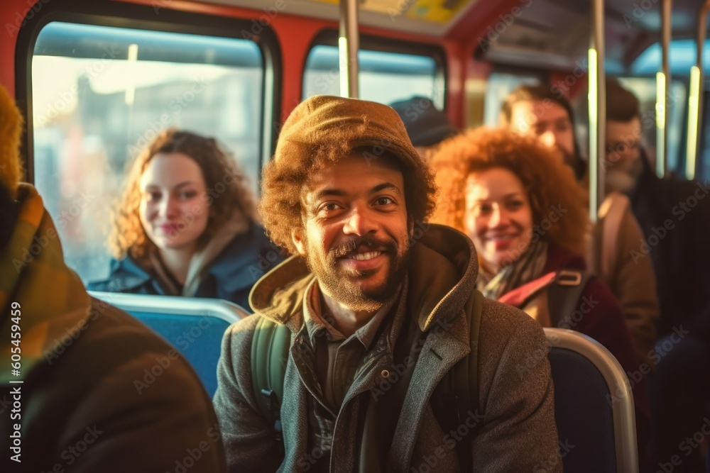 A diverse group of people commence their morning commute on a city bus ...